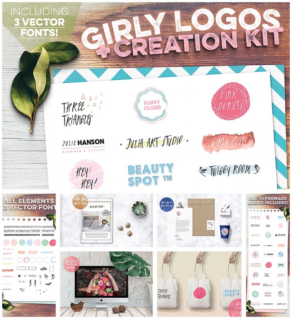 Girly logos creation kit with elements | Free download