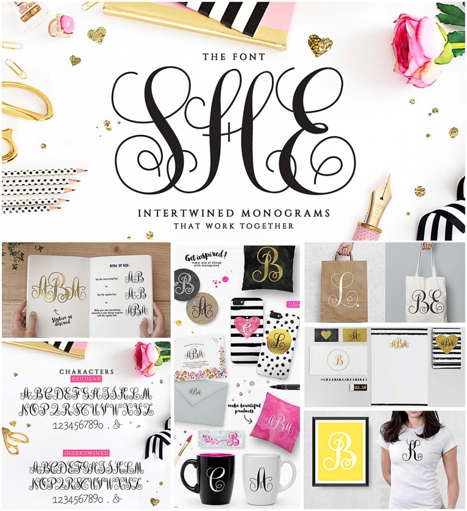 Intertwined monogram calligraphy she font | Free download