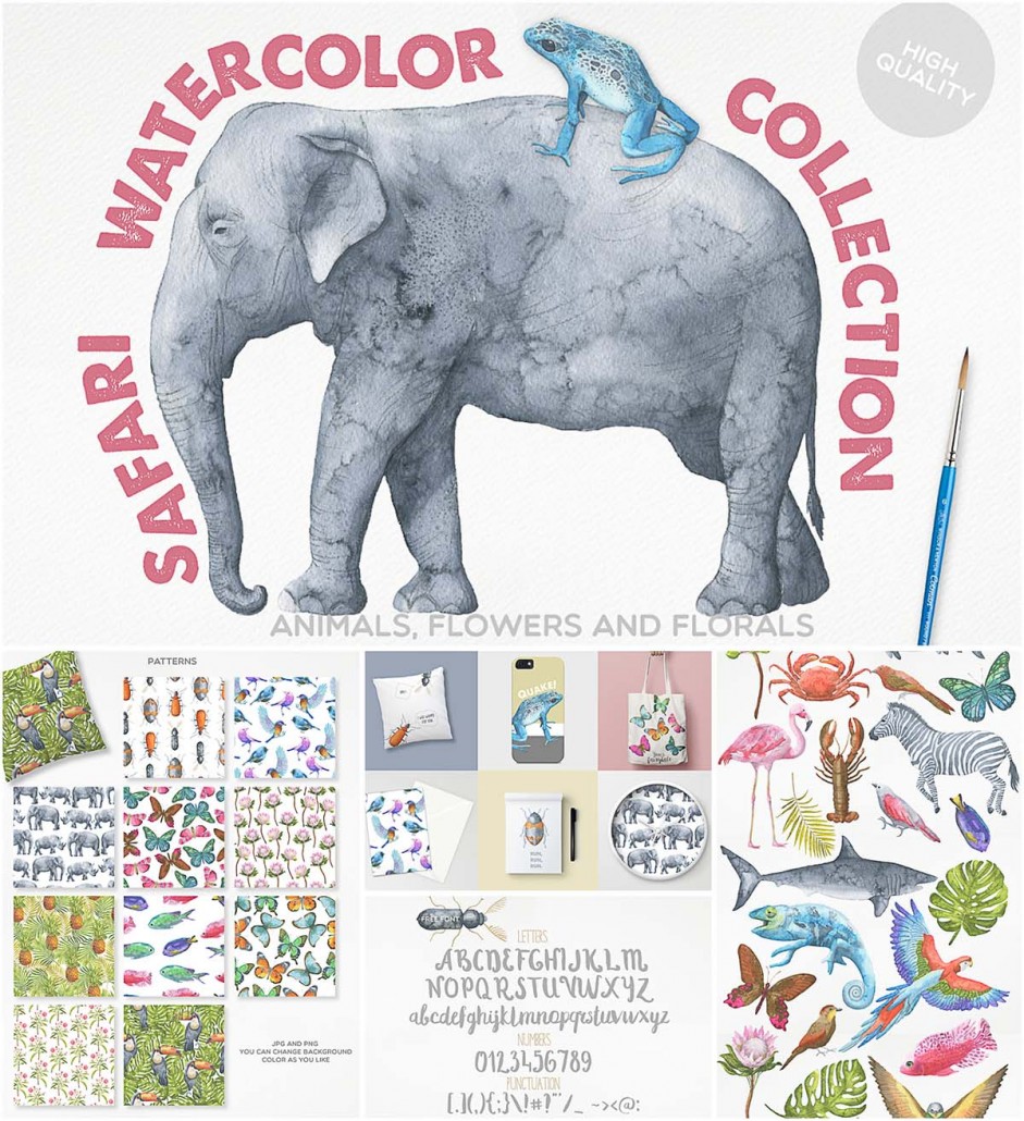 Watercolor safari animals illustration collection | Free download