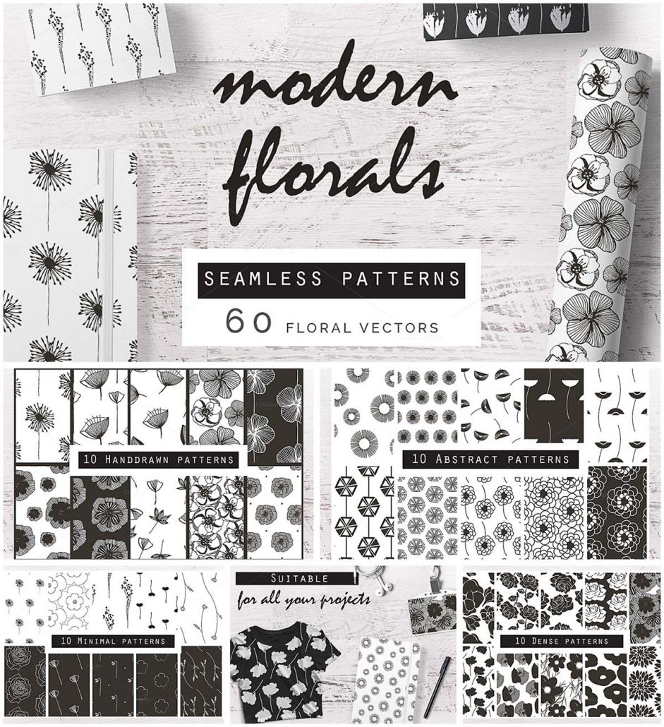 Monochrome floral patterns set | Free download
