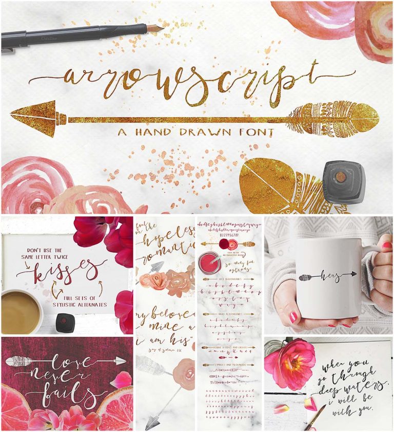ArrowScript font with handpainted flowers | Free download