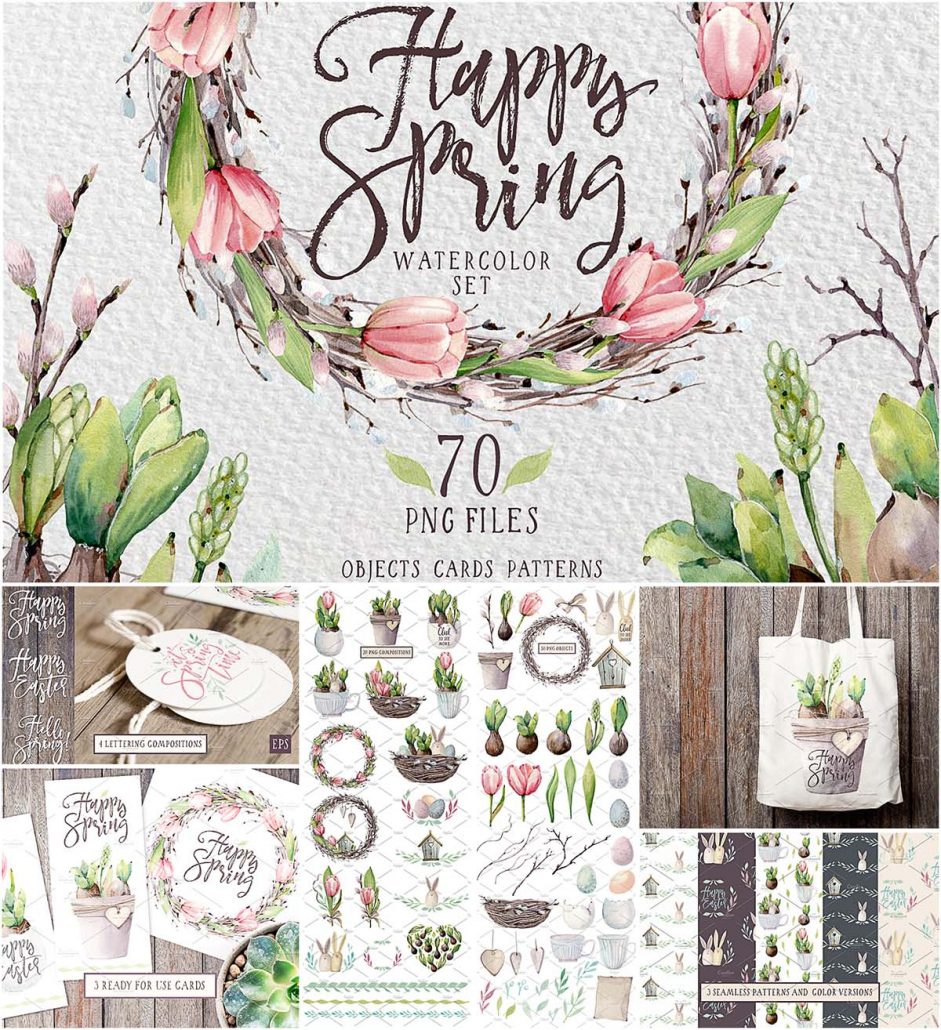 Happy spring watercolor set | Free download
