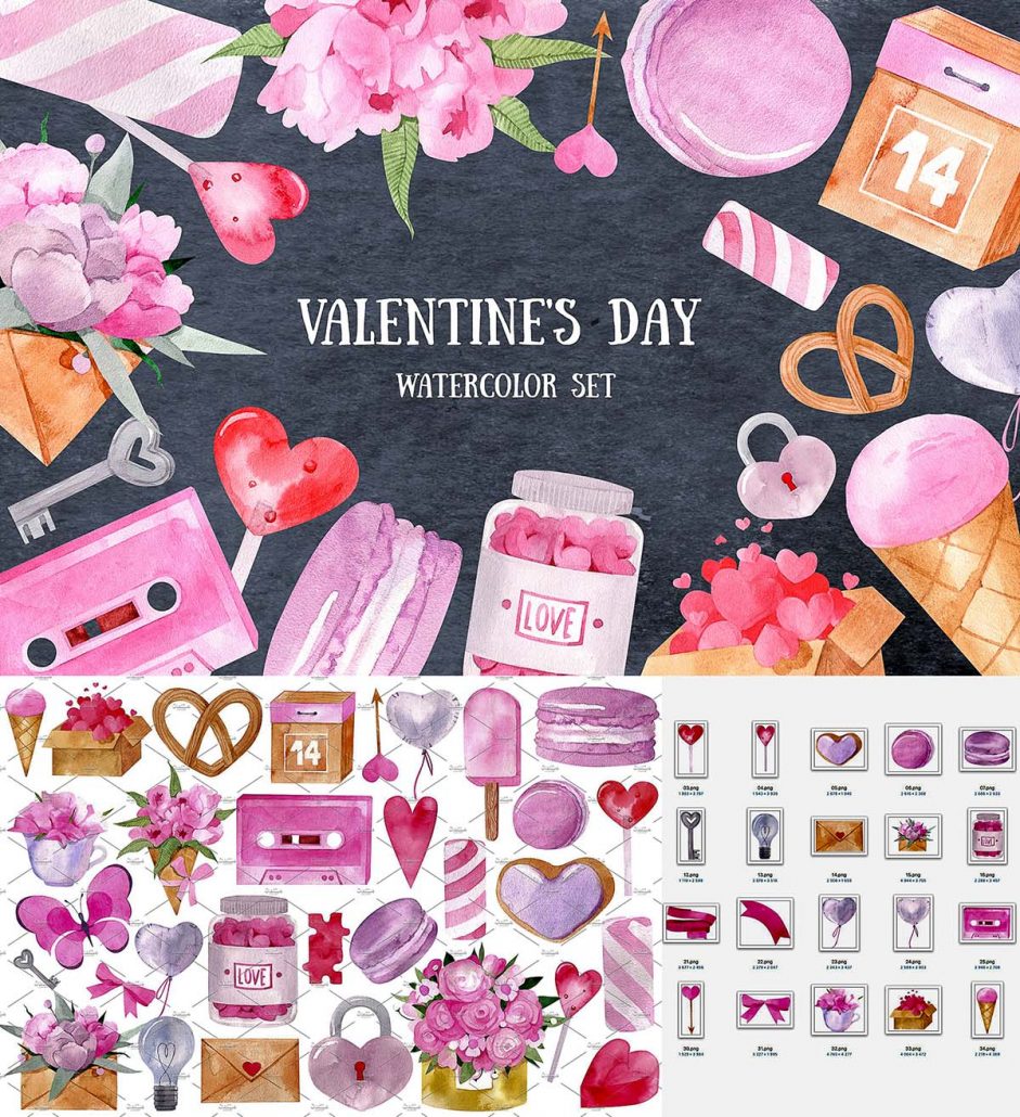 Valentines Day watercolor clipart set | Free download