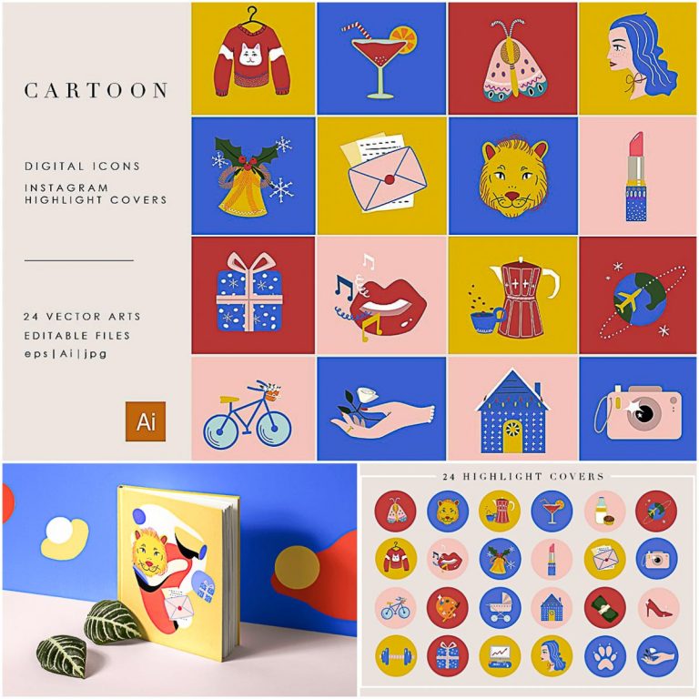 24 Cartoon Highlight Icon Set | Free download