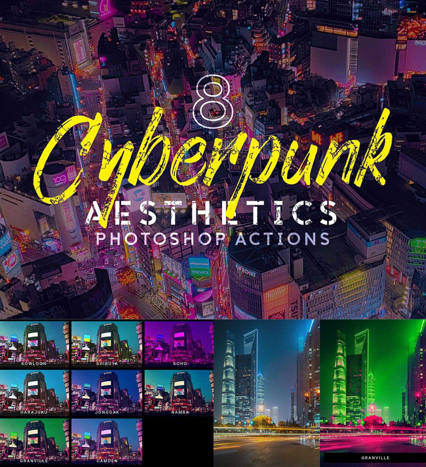 8 Cyberpunk Aesthetics Photoshop Actions and LUTs | Free download