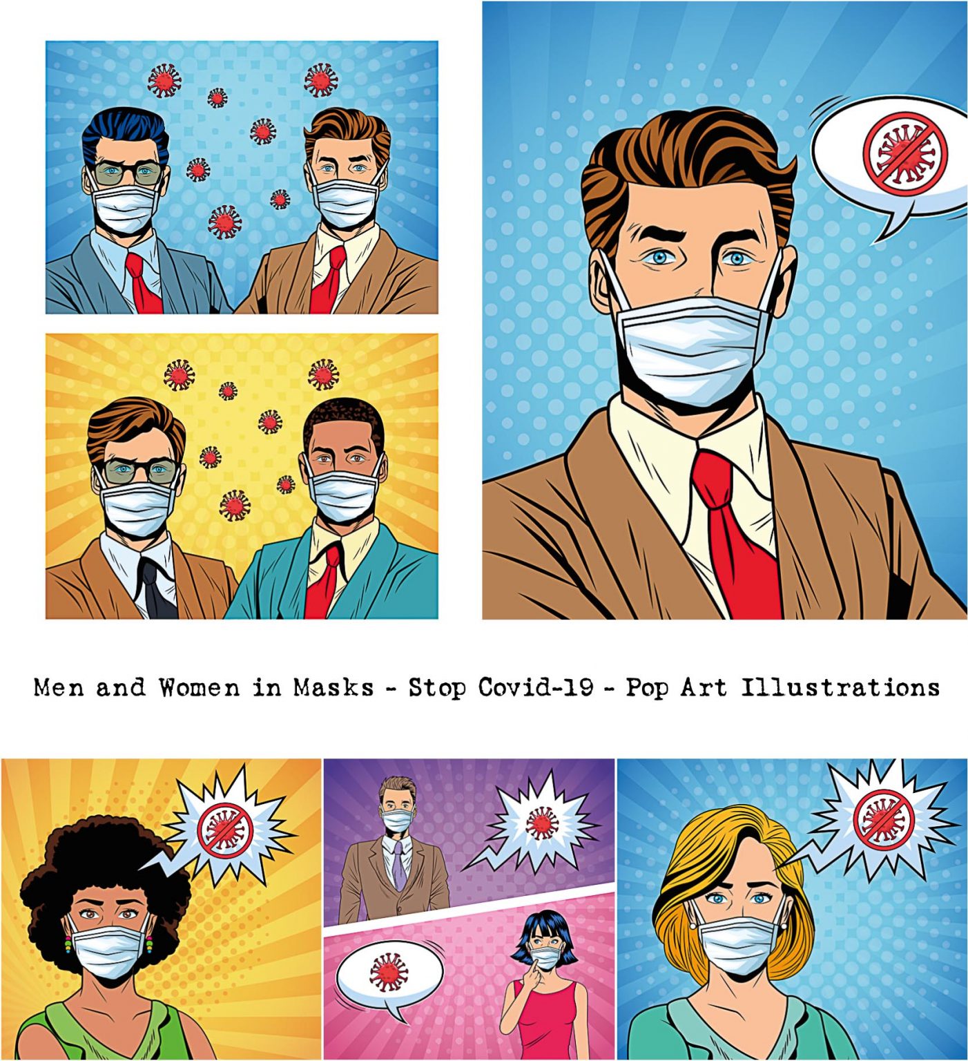 Man and Woman in Masks Stop Covid 19 Illustrations | Free download